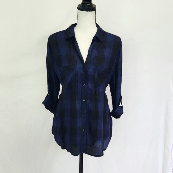 a.n.a | Tops | Ana Plaid Roll Tab Sleeve Droptail Button Down Top ...